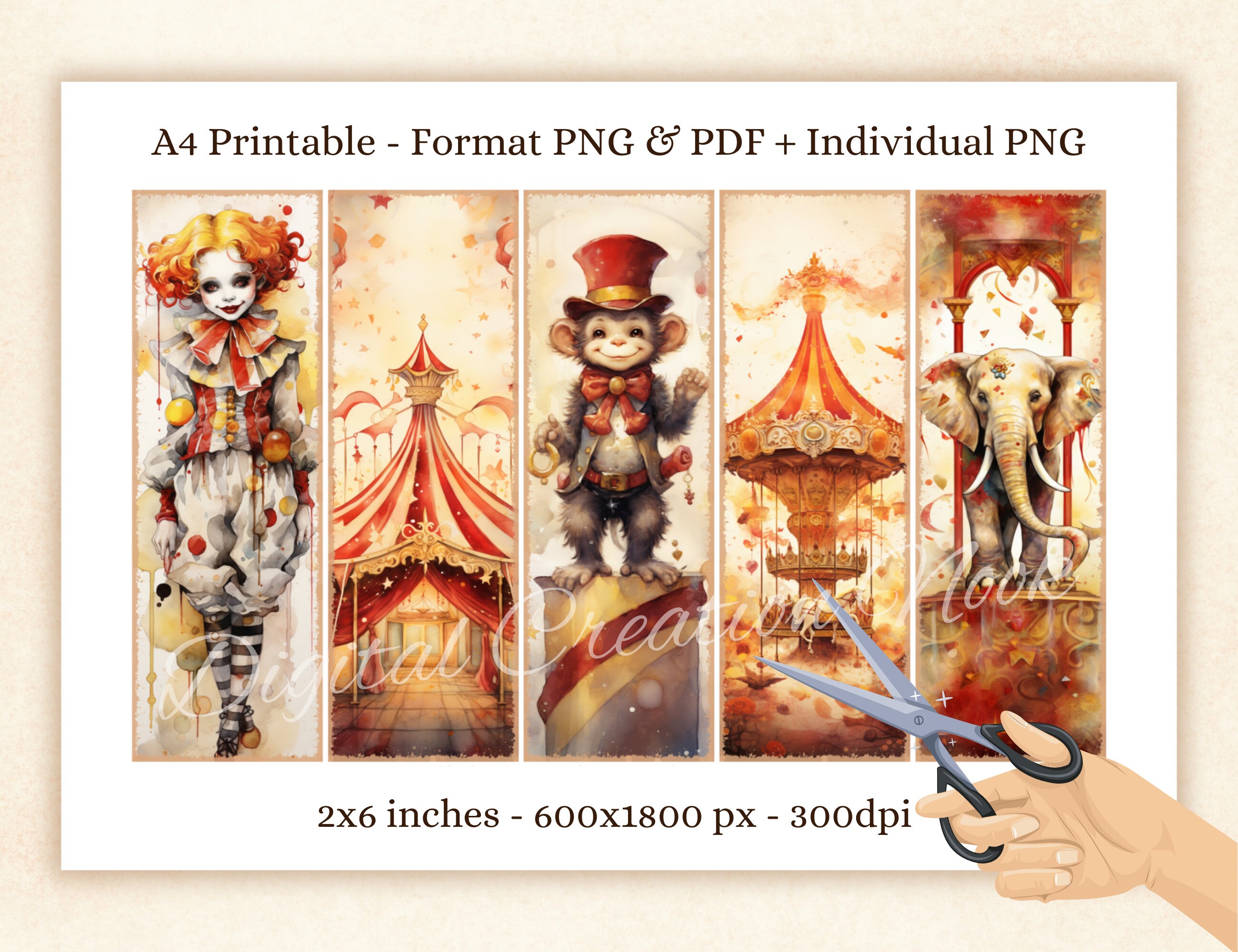 Vintage Circus Printable Bookmarks for Book Lovers, Pierrot Elephant ...