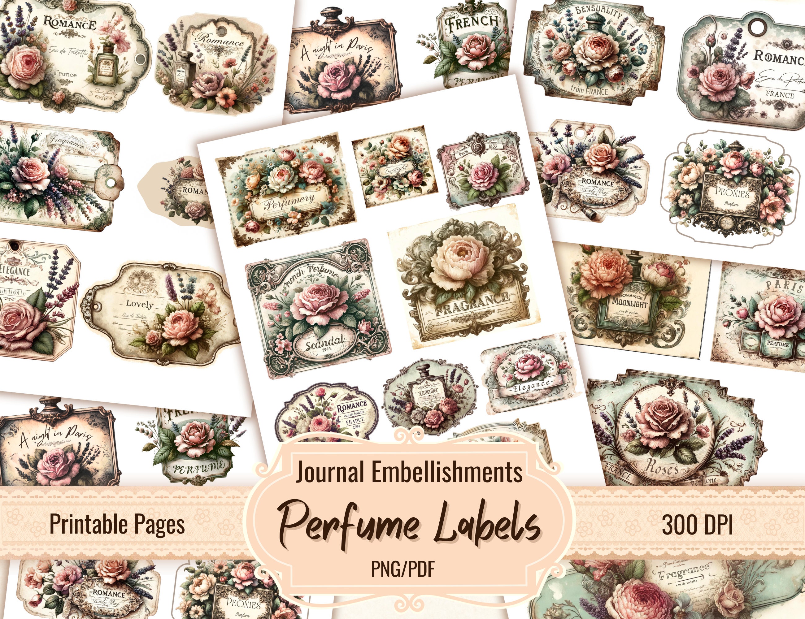 Shabby Chic Perfume Labels and Tags for Junk Journal, Flowering Vintage ...
