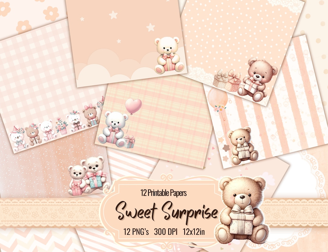 Peach Baby Girl Digital Paper With Teddy Bear for Scrapbook Album and ...