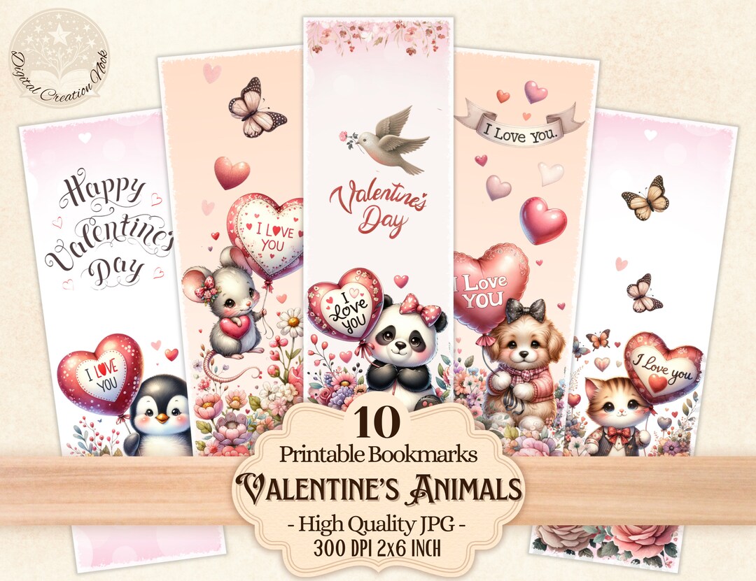 Valentine's Animals Printable Bookmarks for Book Lovers, Winter Reading ...