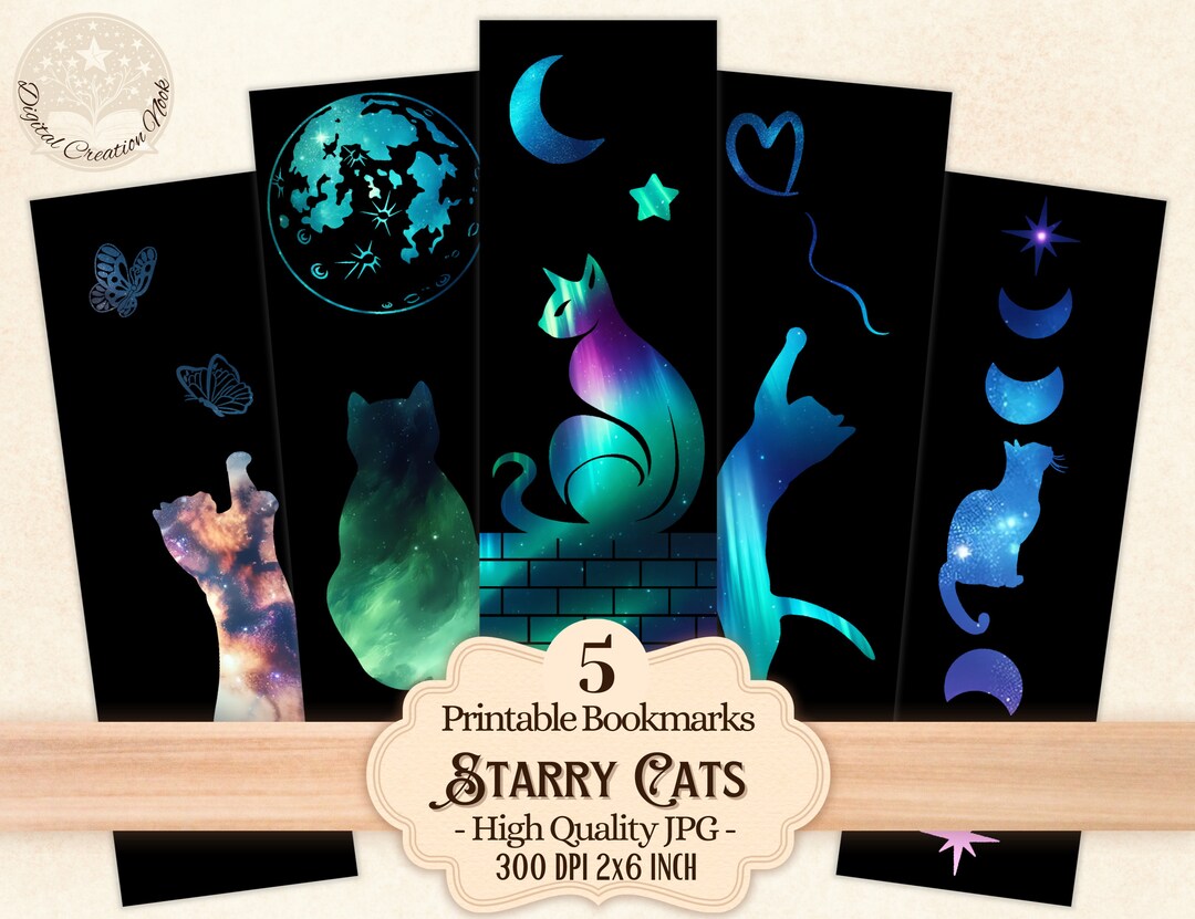 Starry Cats Printable Bookmarks for Book Lovers, Starry Sky, Milky Way ...