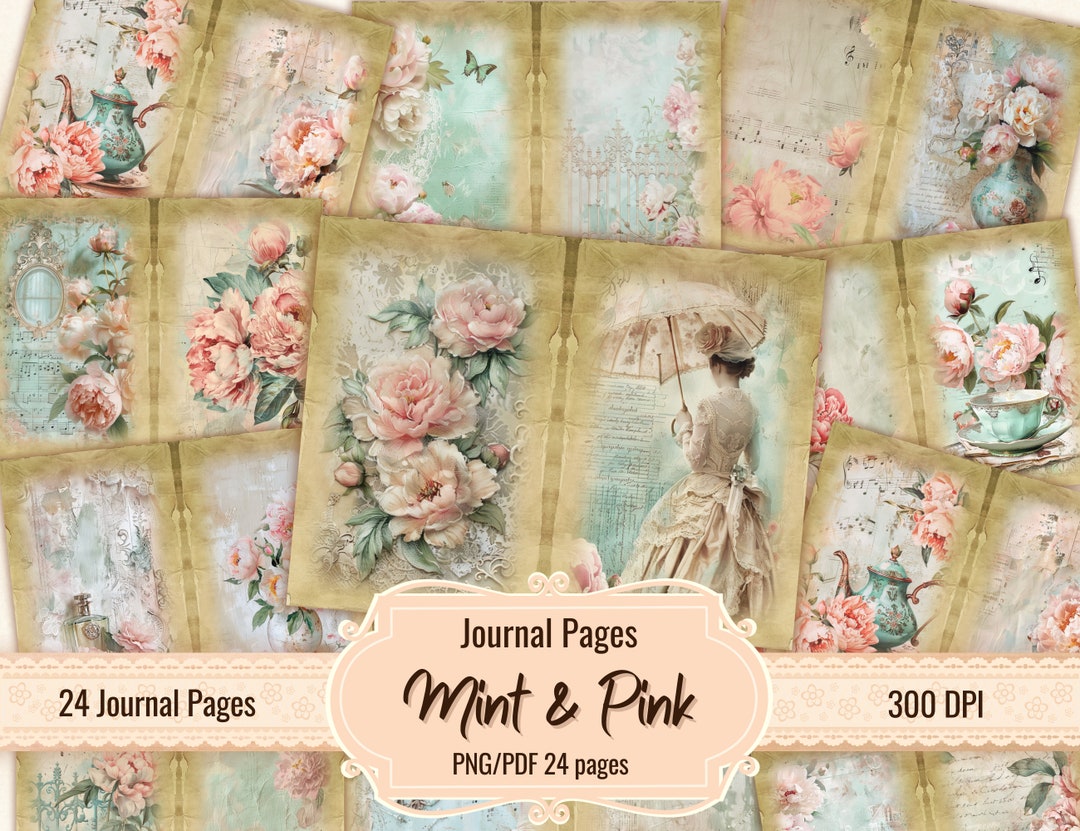 Vintage Mint and Pink Peonies Junk Journal Pages, Shabby Romantic Pages ...