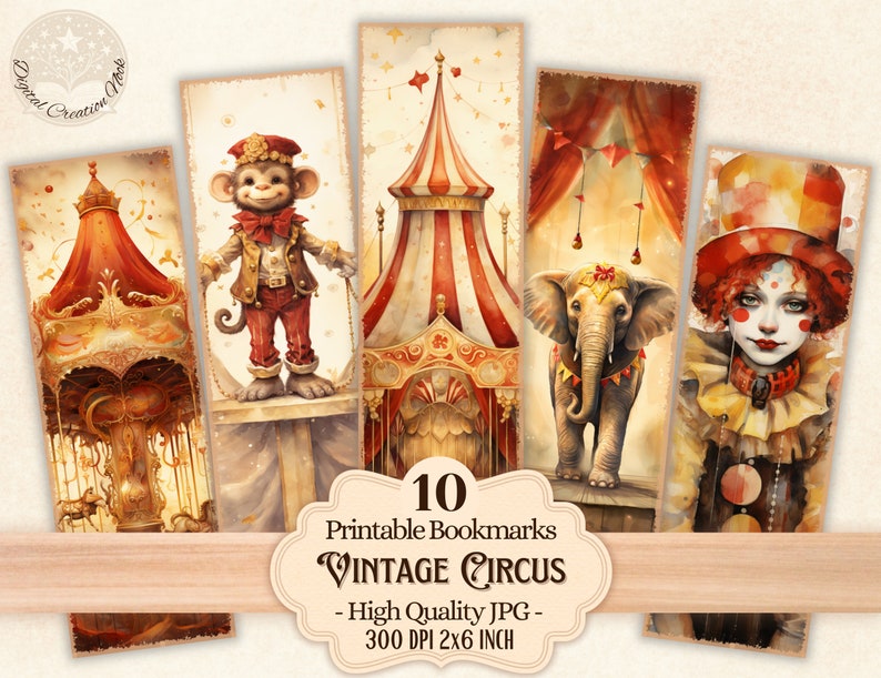 Vintage Circus Printable Bookmarks for Book Lovers, Pierrot Elephant ...