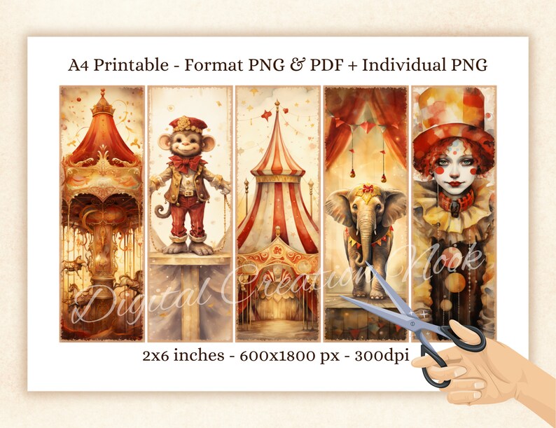 Vintage Circus Printable Bookmarks for Book Lovers, Pierrot Elephant ...