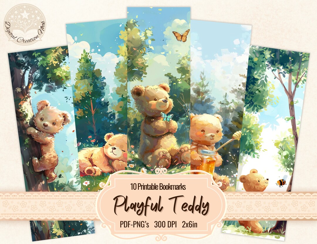 Playfull Teddy Printable Bookmarks for Book Lovers, Cute Teddy for Kid ...