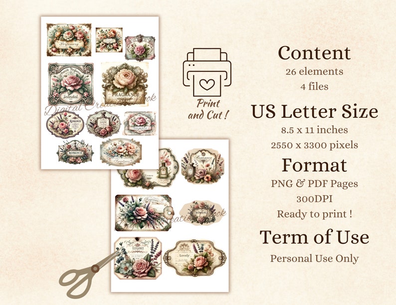 Shabby Chic Perfume Labels and Tags for Junk Journal, Flowering Vintage ...