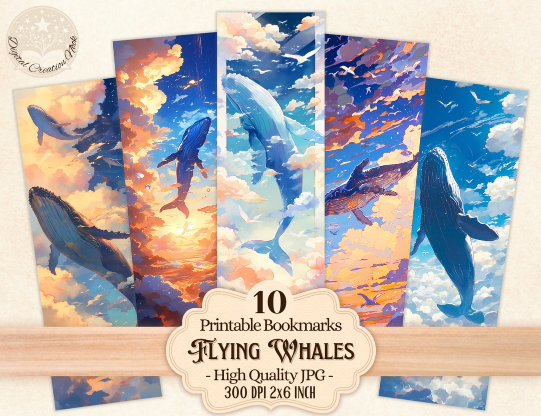 Flying Whales Printable Bookmarks for Book Lover, Animal Fantasy Design ...