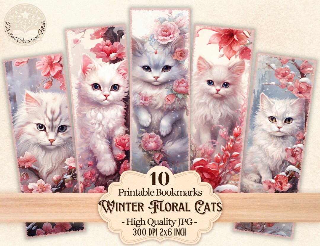 Winter Floral Cat Printable Bookmarks for Book Lovers, Cute Animals ...