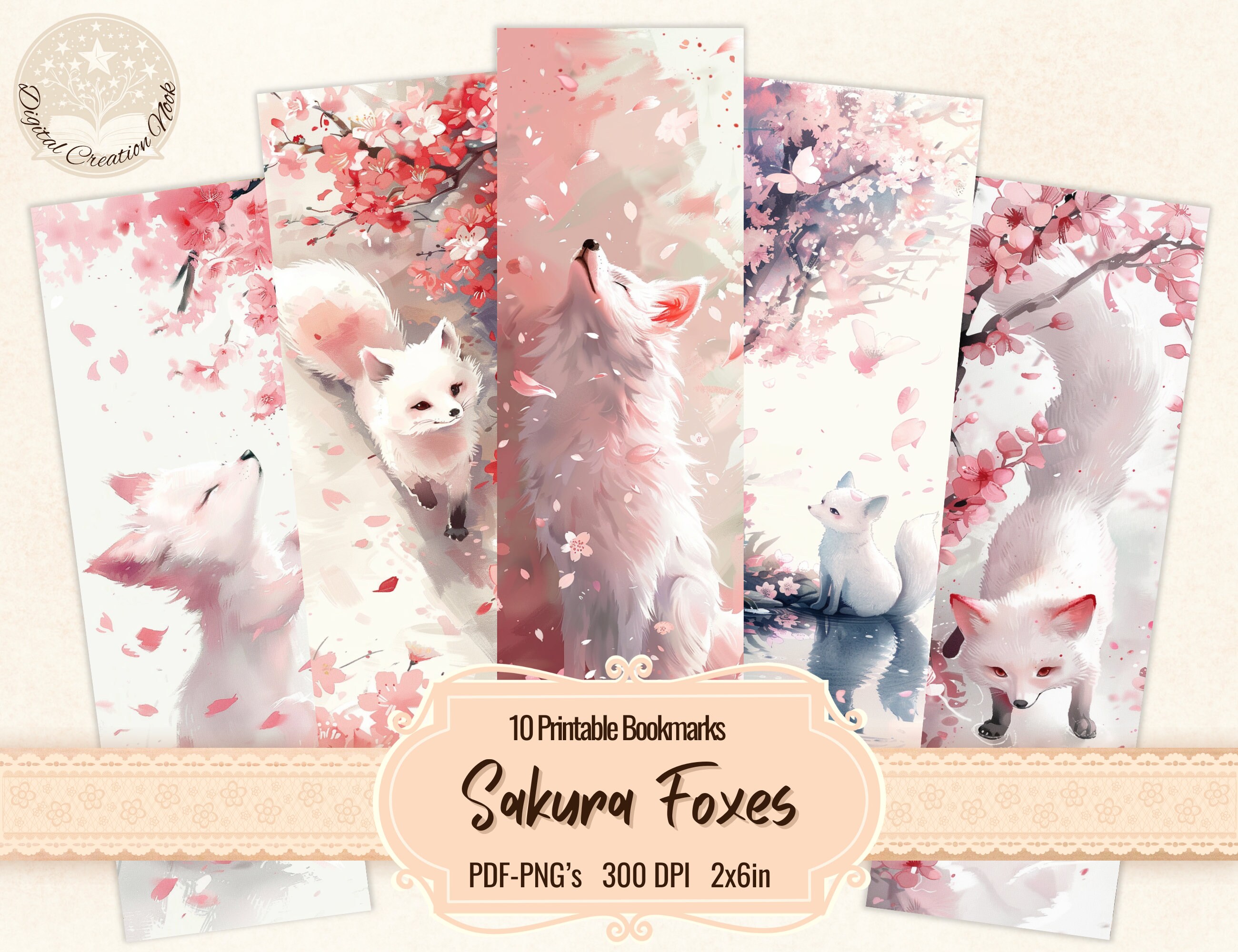 White Fox Printable Bookmarks for Book Lovers, Spring Cherry Flowers ...