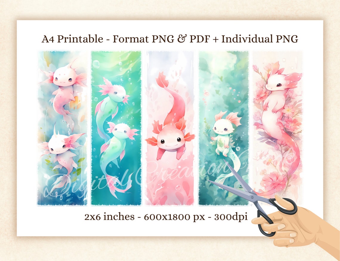 Cute Axolotls Printable Bookmarks for Book Lovers, Adorable Sea Animals ...