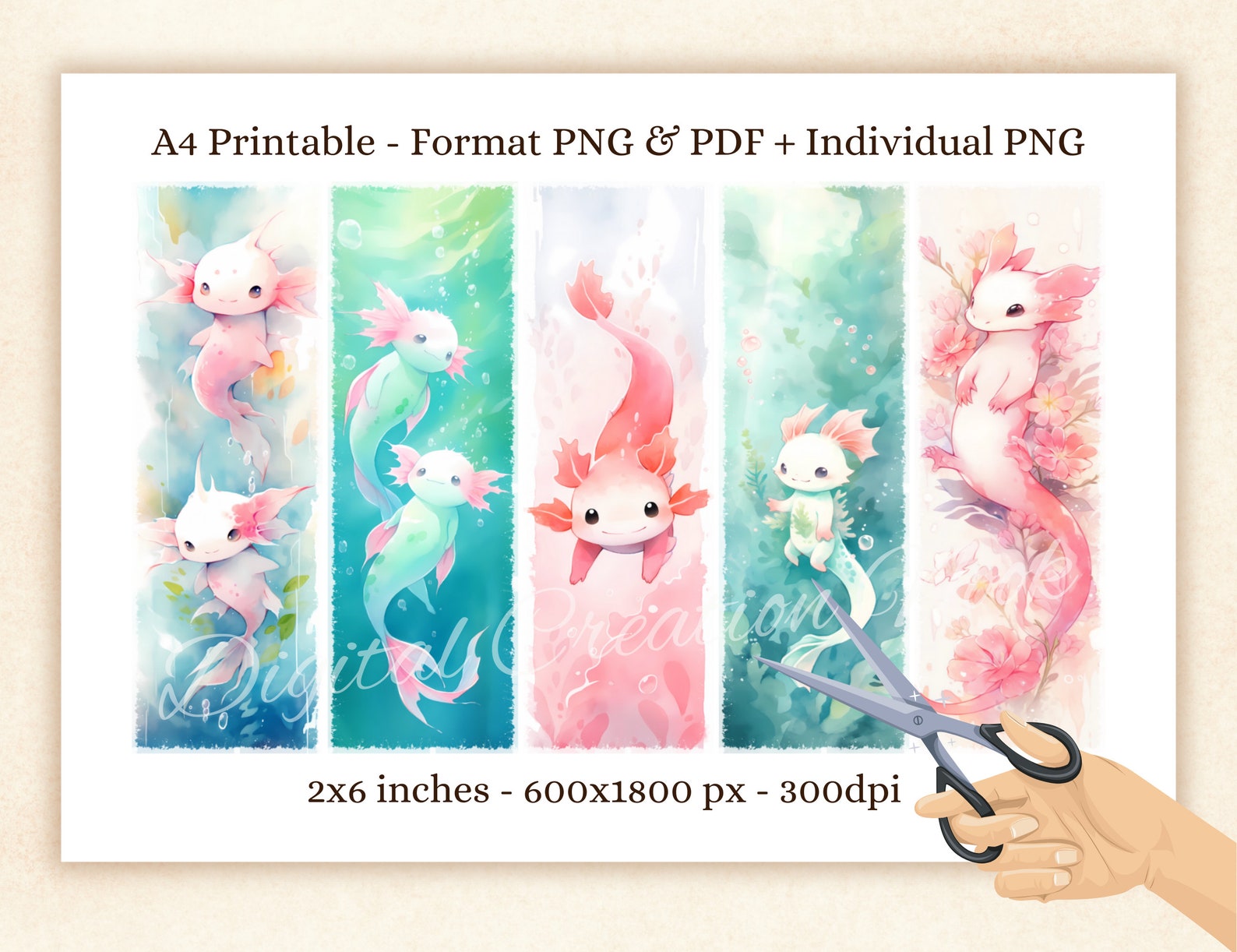 Cute Axolotls Printable Bookmarks for Book Lovers, Adorable Sea Animals ...