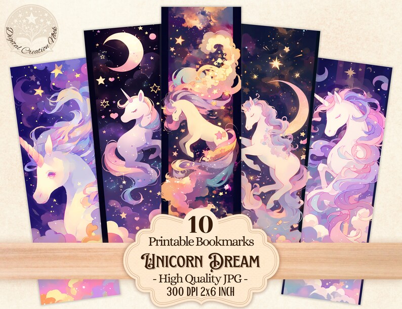 Unicorn Dream Printable Bookmarks for Book Lovers, Fantasy, Moon and ...