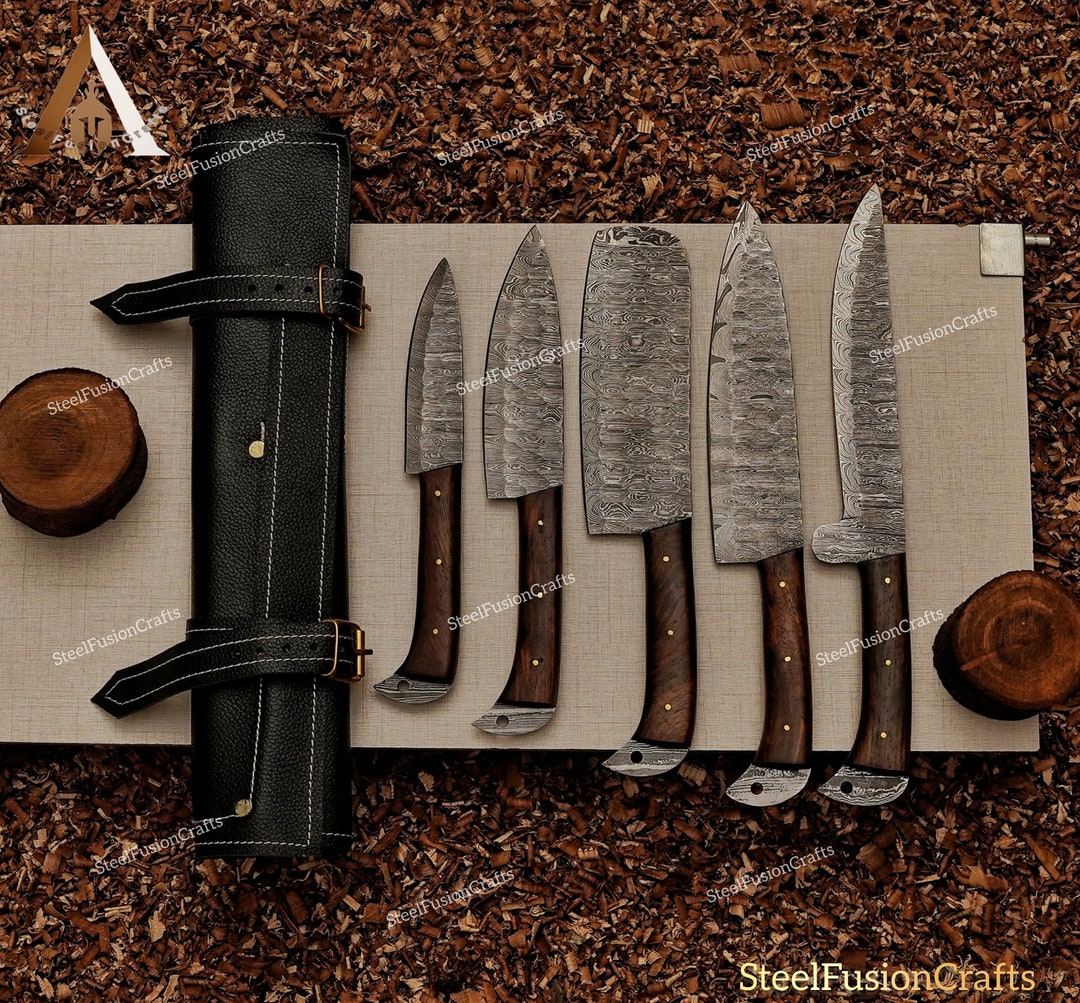 Damascus Chef Knife Set With a Cow Skin Leather Sheath, Damascus ...