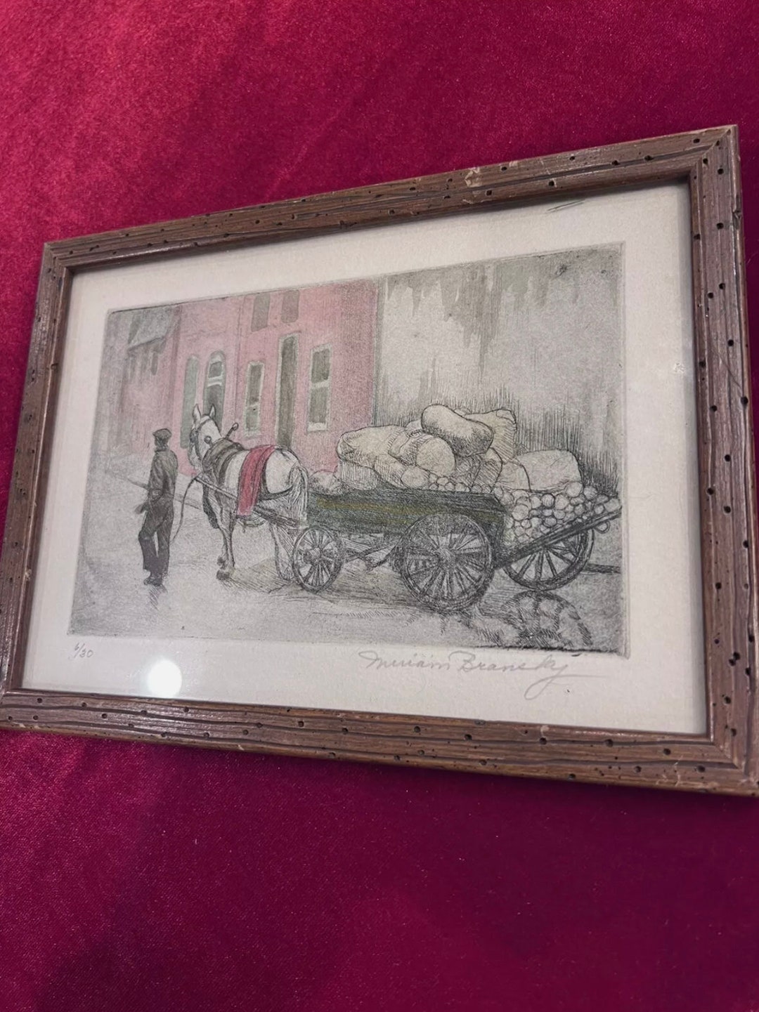 Antique Man With Wagon Etching Rare Miriam Bransky /40 Maryland Artist ...