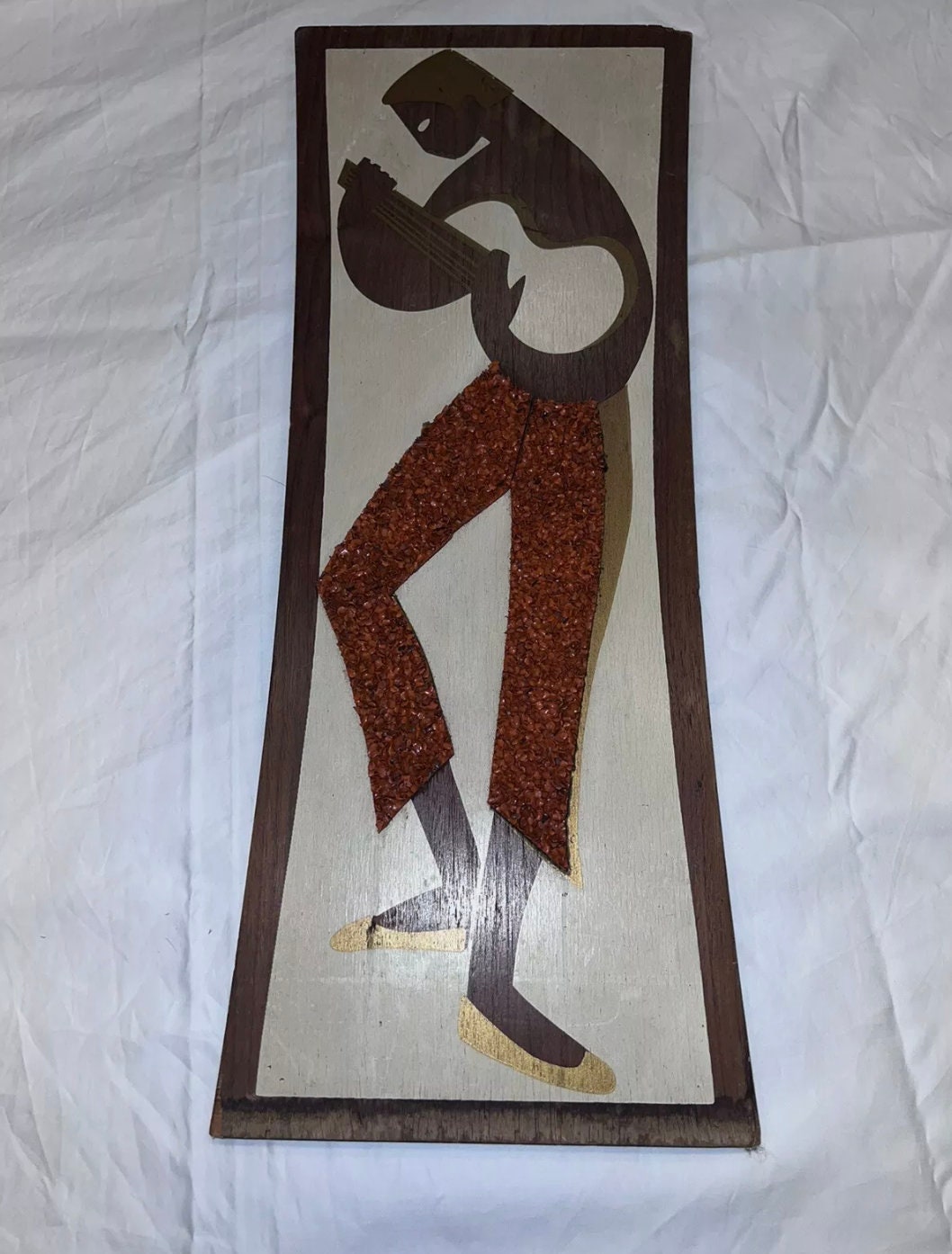 Rare Vtg MID CENTURY Music Musician Instruments Teak Pebble Wall Art ...