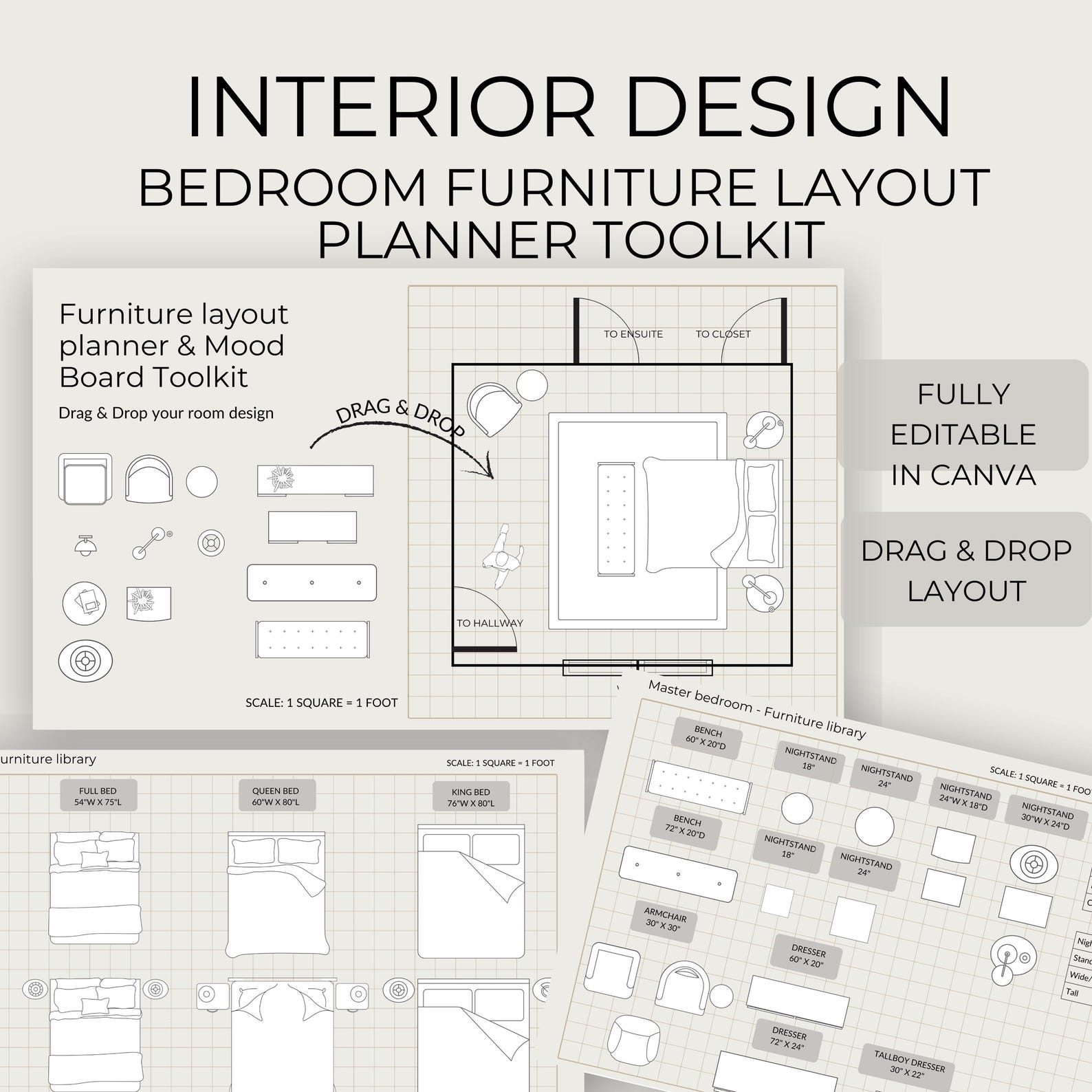 Bedroom Planner Template Canva, Drag and Drop Furniture Layout, Scale ...