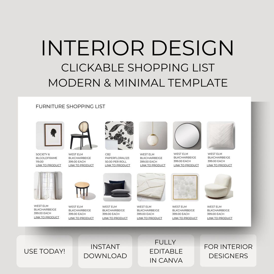 Interior Design Shopping List Template: Modern Minimalist Canva ...