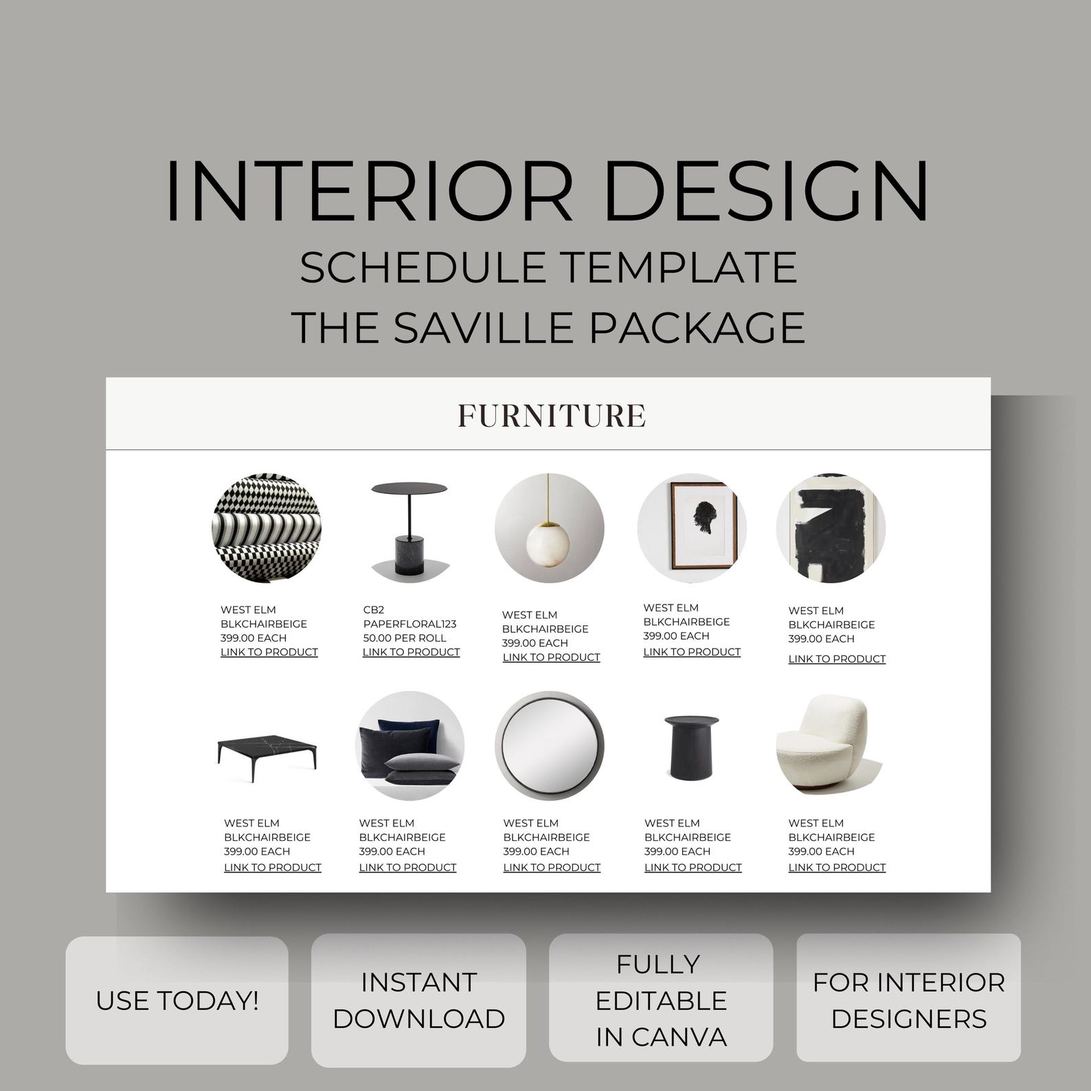 Interior Design FFE Schedule Template, Fully Editable Canva, Finishes ...