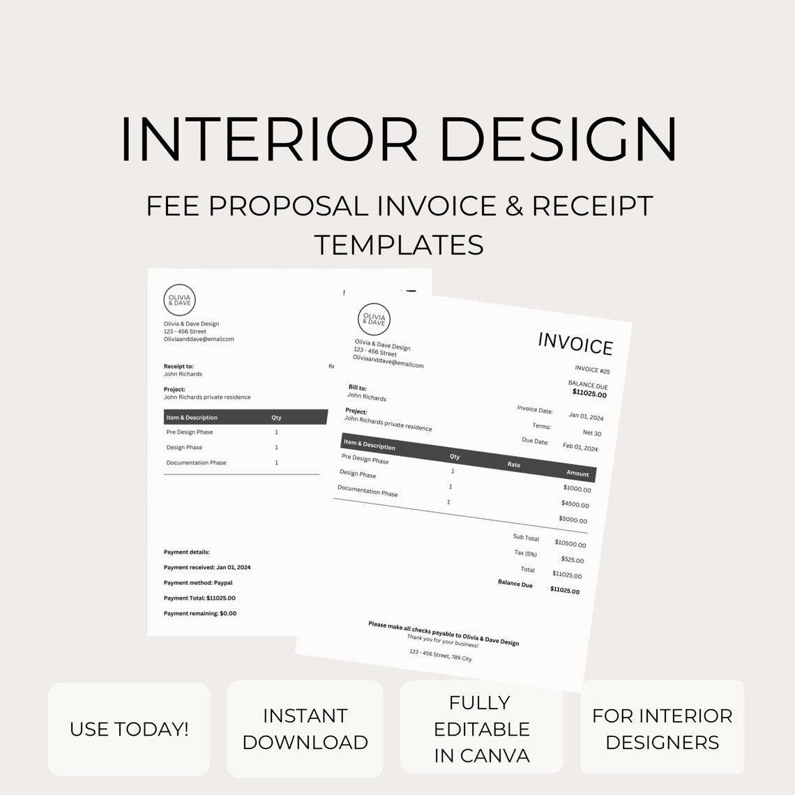 Interior Design Fee Proposal Template: Client Invoice (canva Editable ...