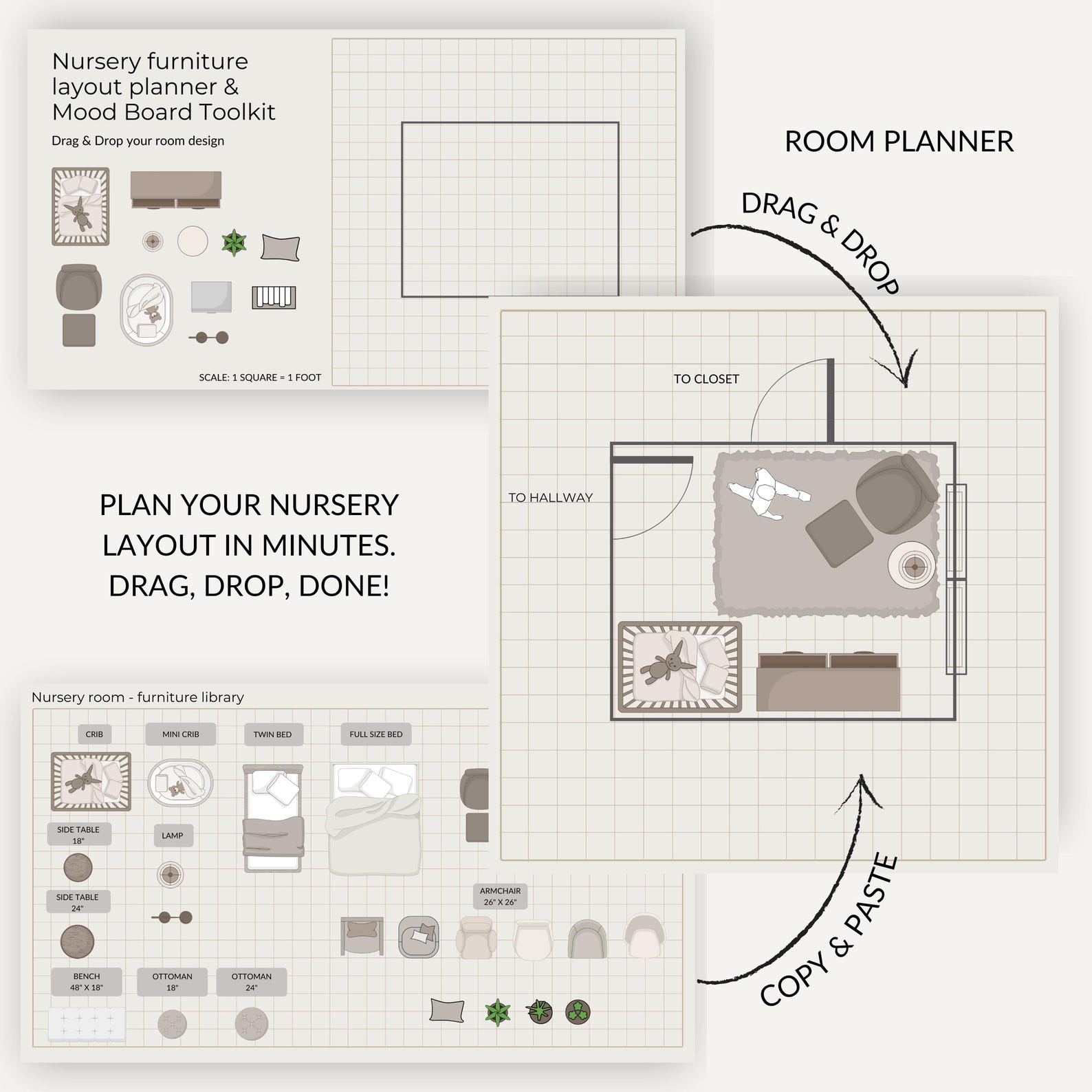 Nursery Room Planner Template for Canva: Drag & Drop Furniture Layout ...