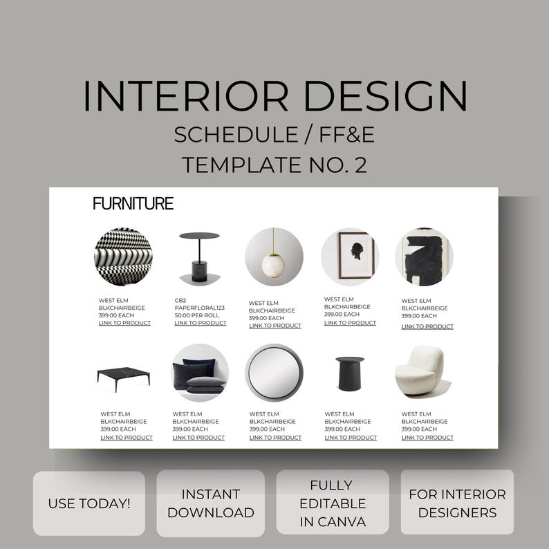 Interior Design FFE Schedule Template, Canva Fully Editable, Furniture ...