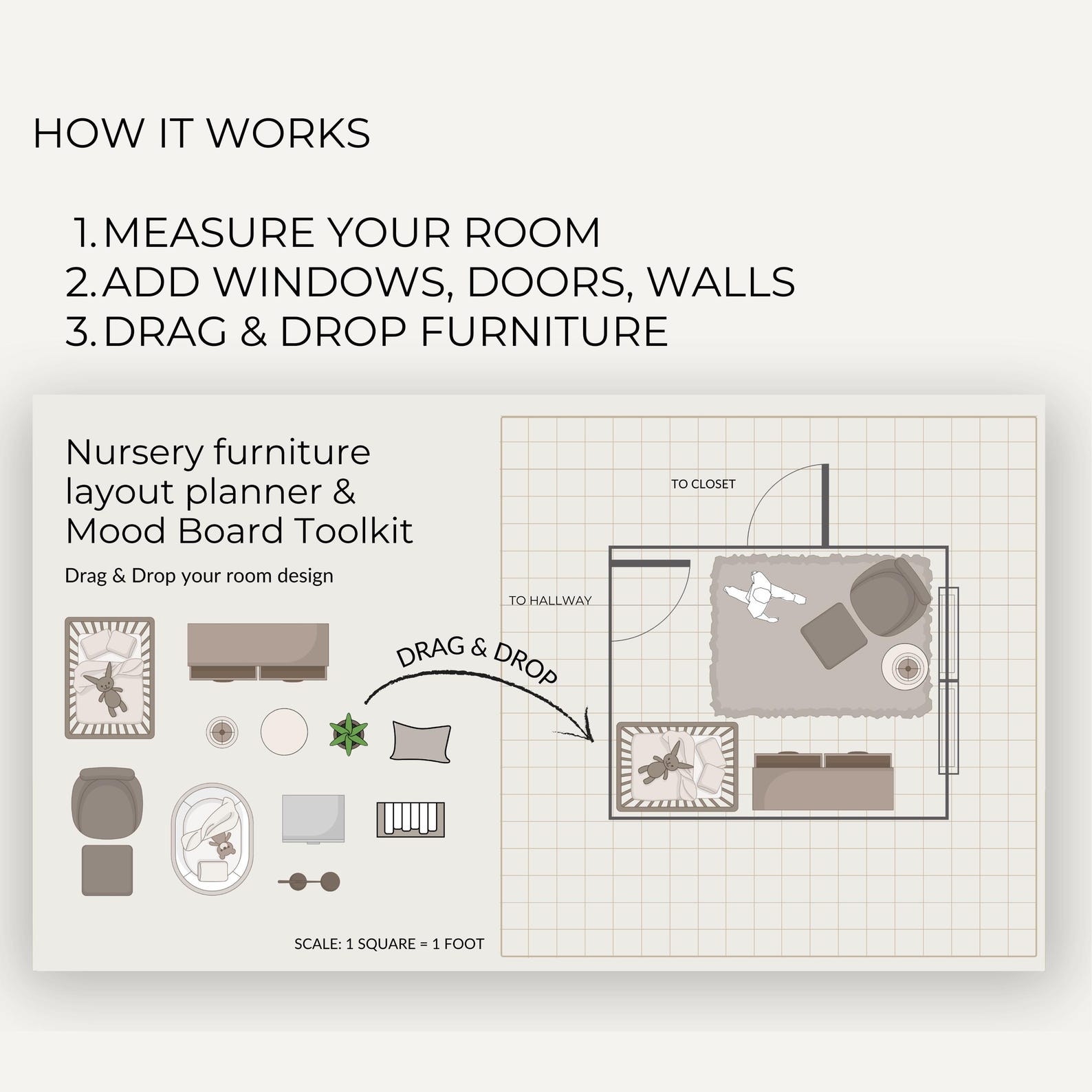 Nursery Room Planner Template for Canva: Drag & Drop Furniture Layout ...