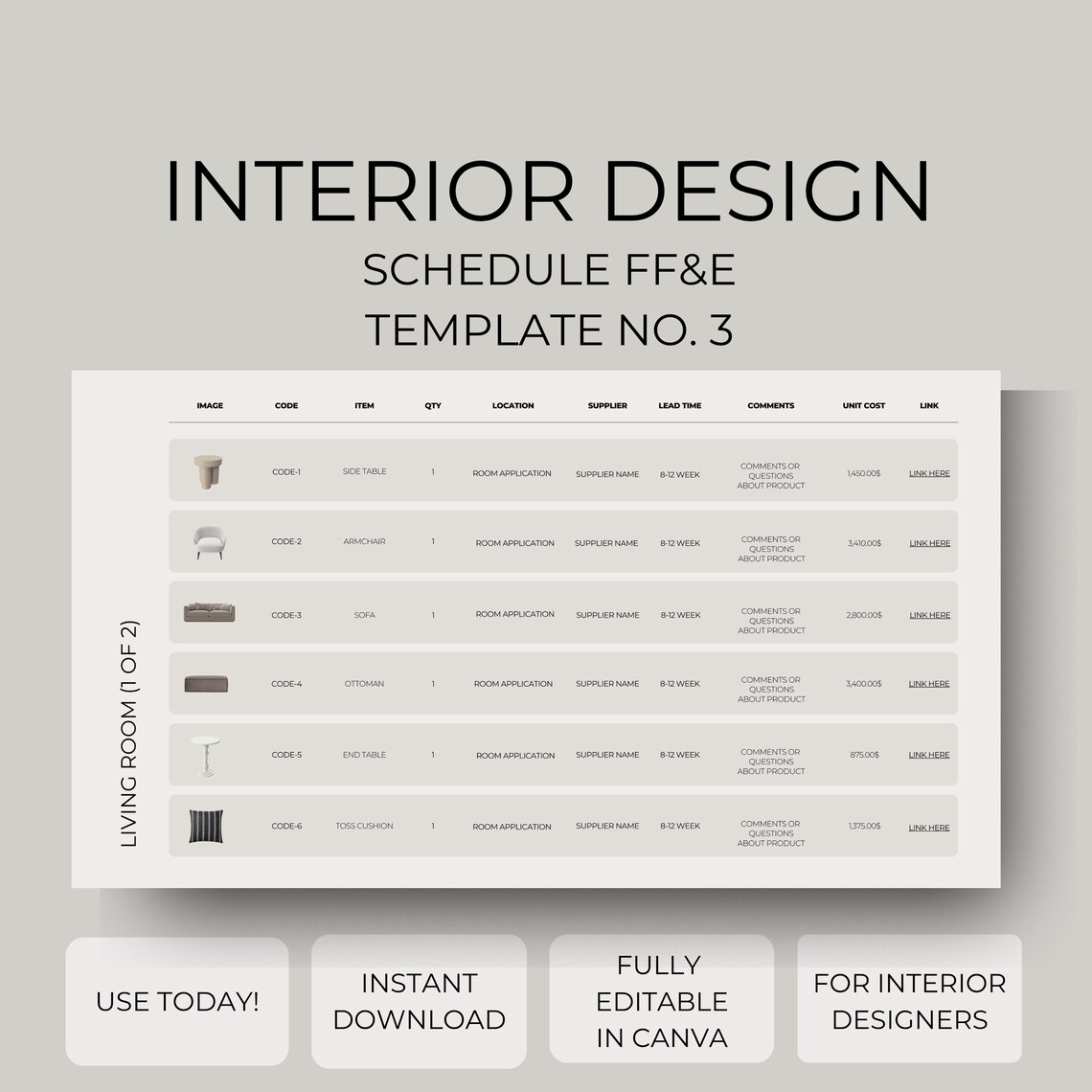 Interior Design FF and E Schedule Canva Template • Furniture, Fixture ...