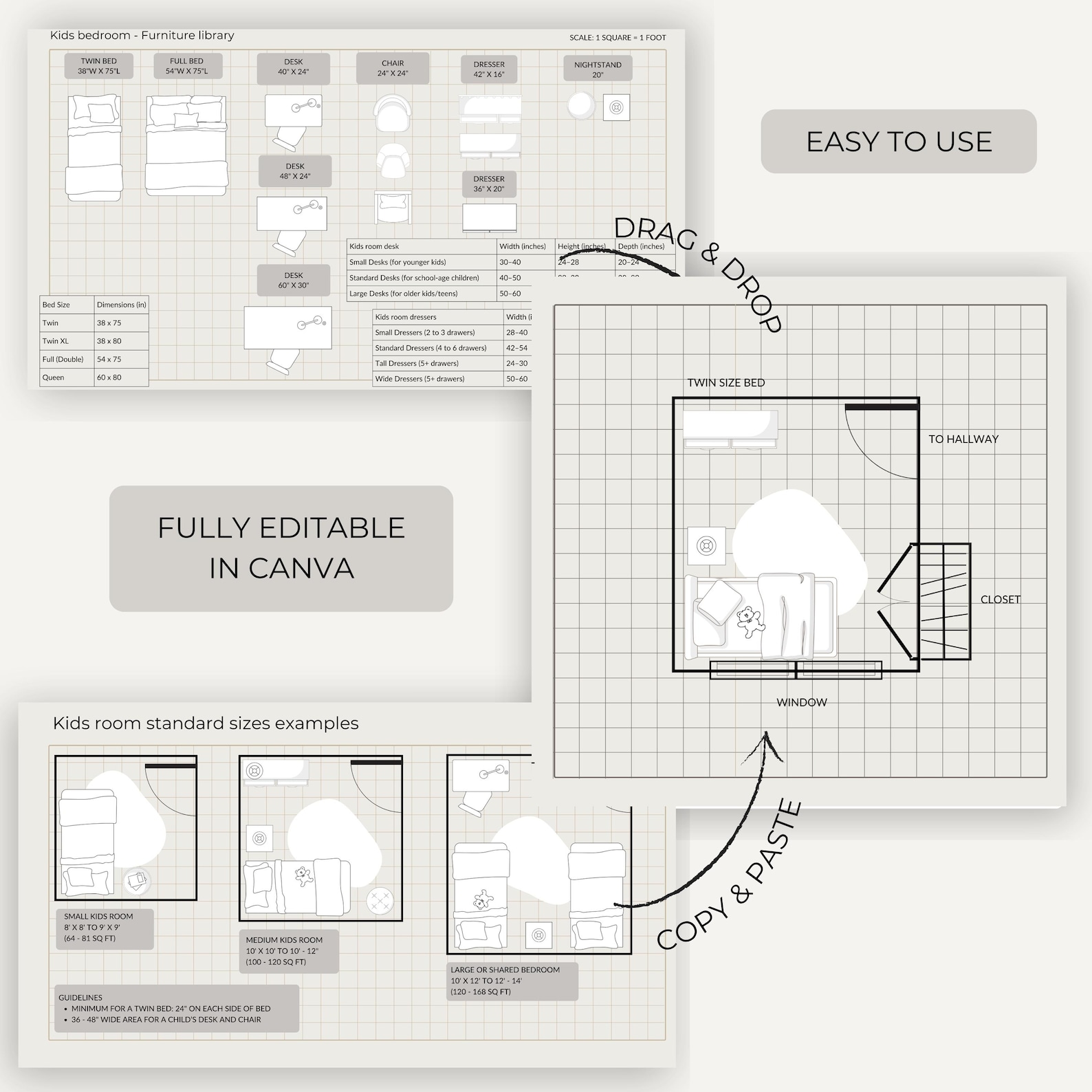 Bedroom Planner Template Canva, Drag and Drop Furniture Layout, Scale ...