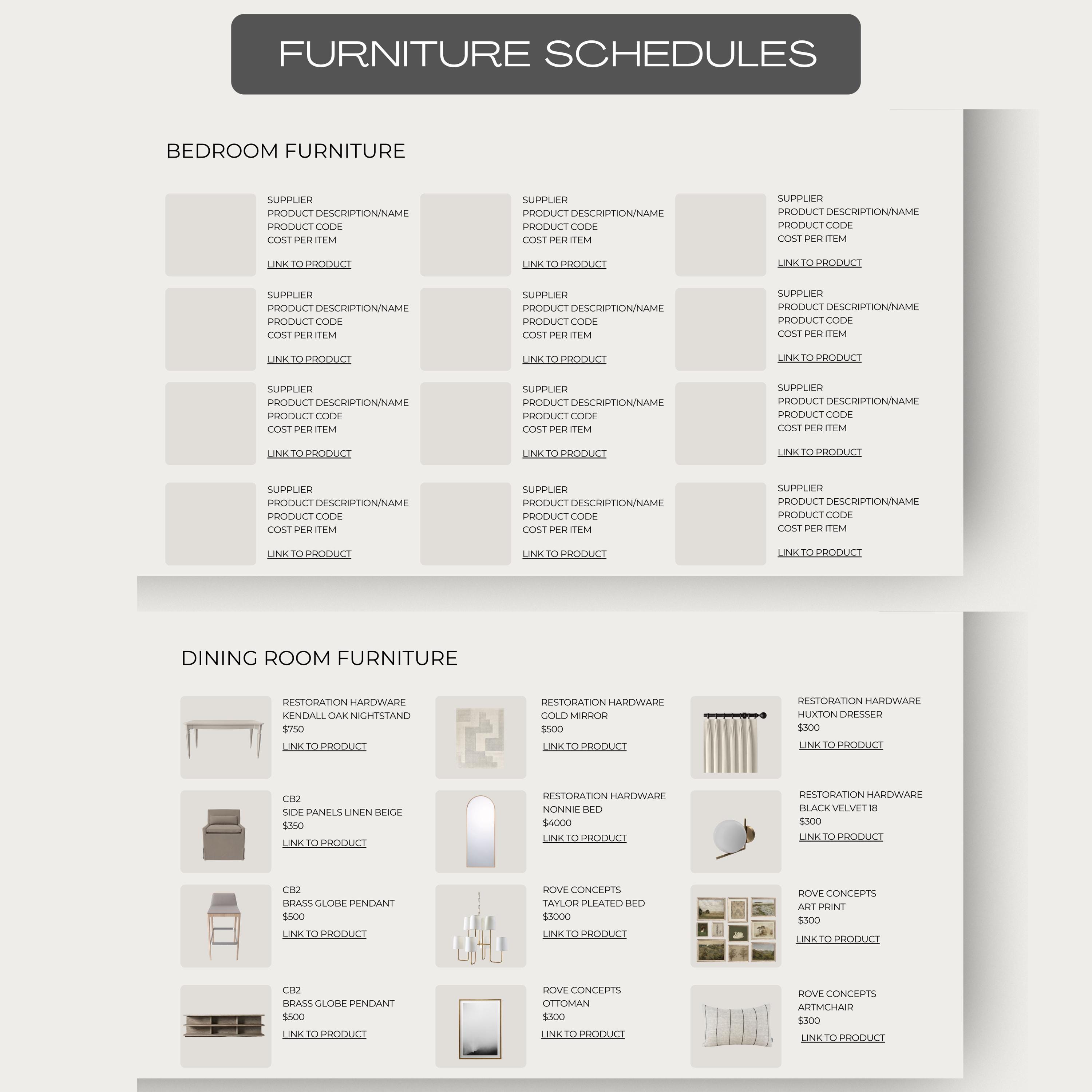 Interior Design FF&E Schedule Template, Furniture, Fixtures, Lighting ...