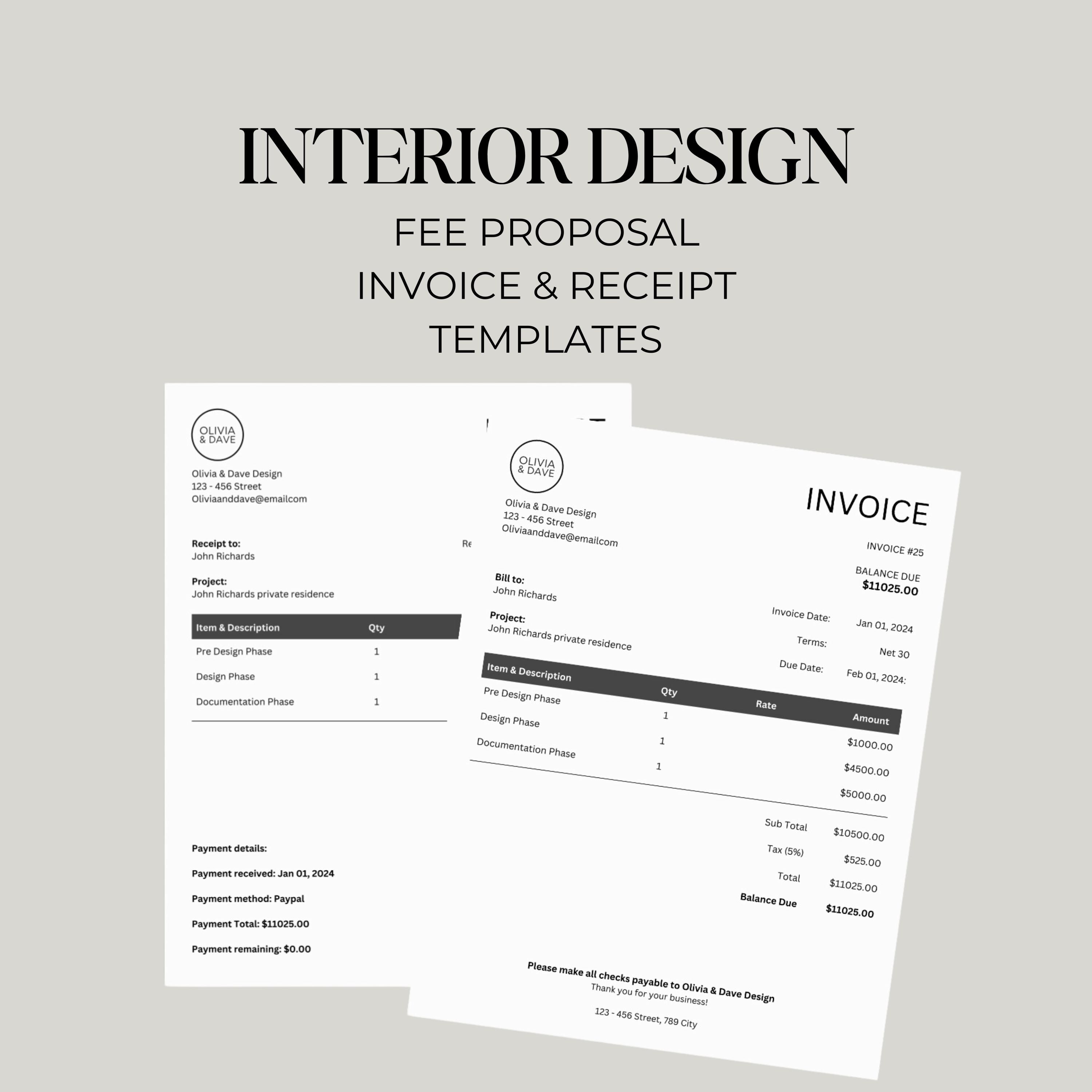 Interior Design Fee Proposal Template: Client Invoice (canva Editable ...