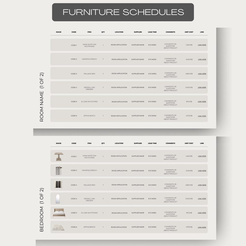 Interior Design FF&E Schedule Template, Furniture, Fixtures, Lighting ...