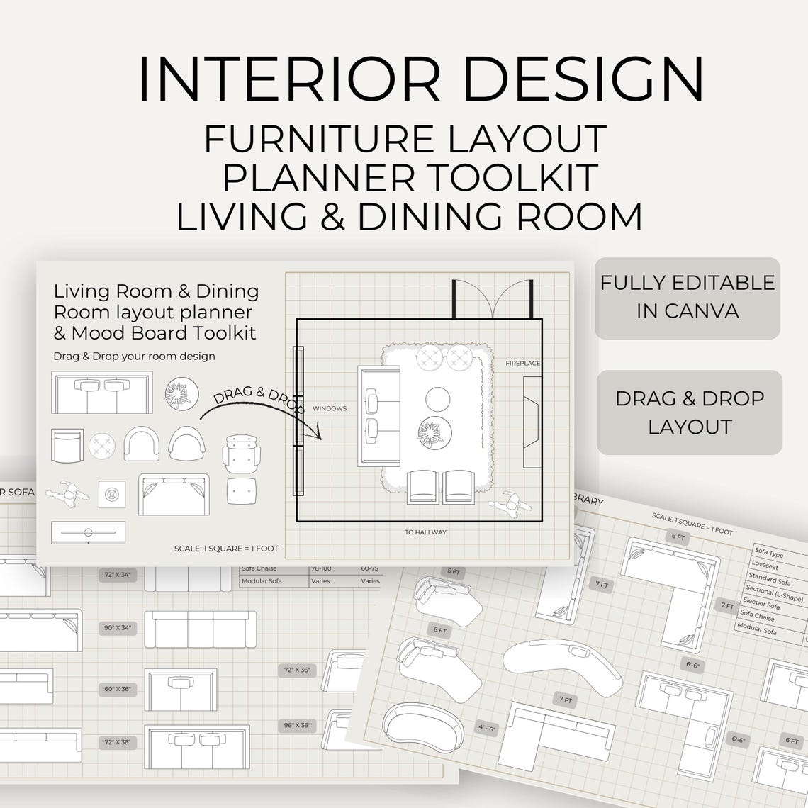 Living and Dining Room Planner Template Canva, Drag and Drop Furniture ...