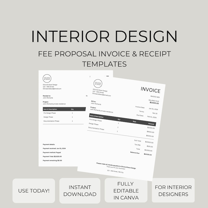 Interior Design Fee Proposal Template: Client Invoice (canva Editable ...