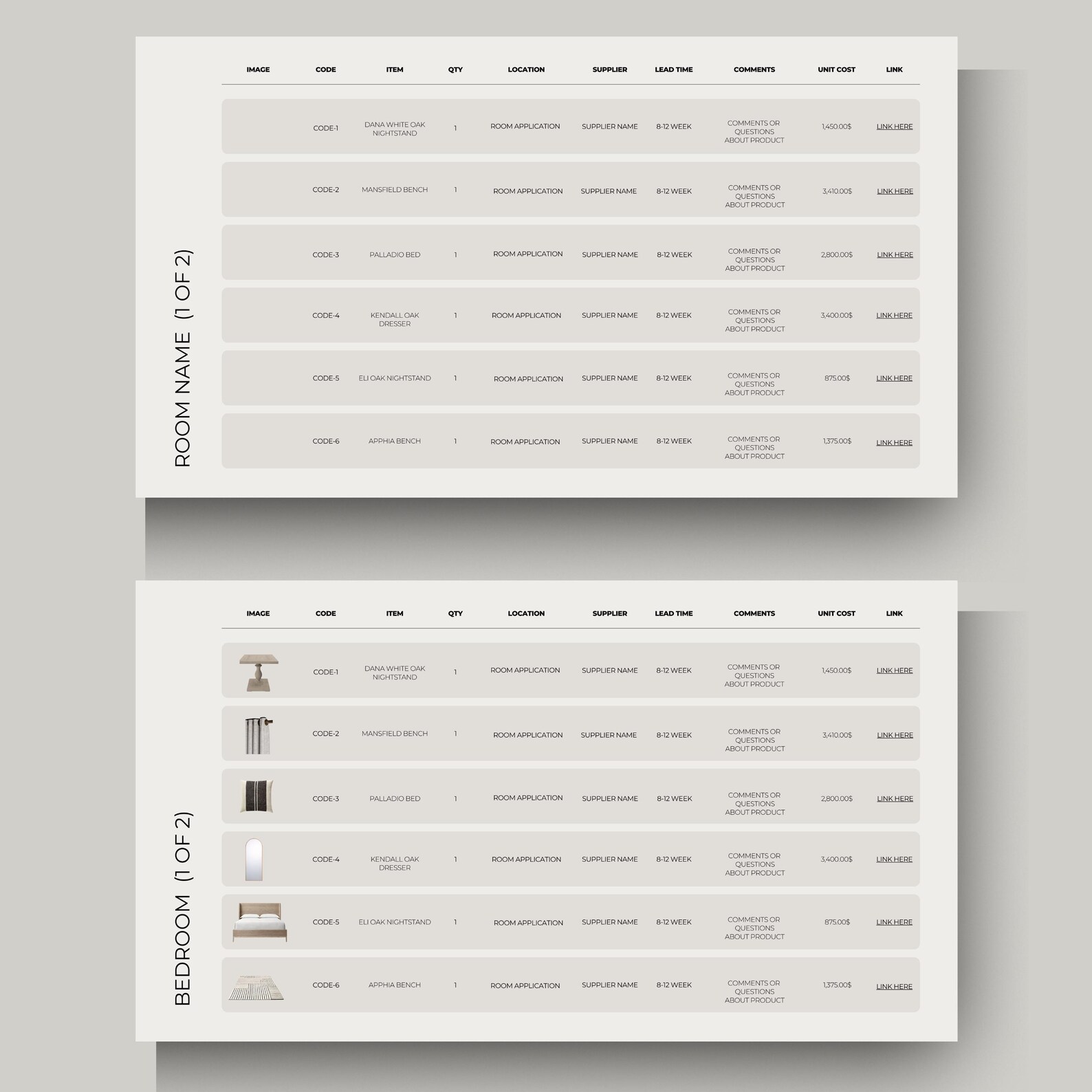 Interior Design FF&E Schedule Template: Canva Mood Board, Spec Sheet (digital Download) - Etsy