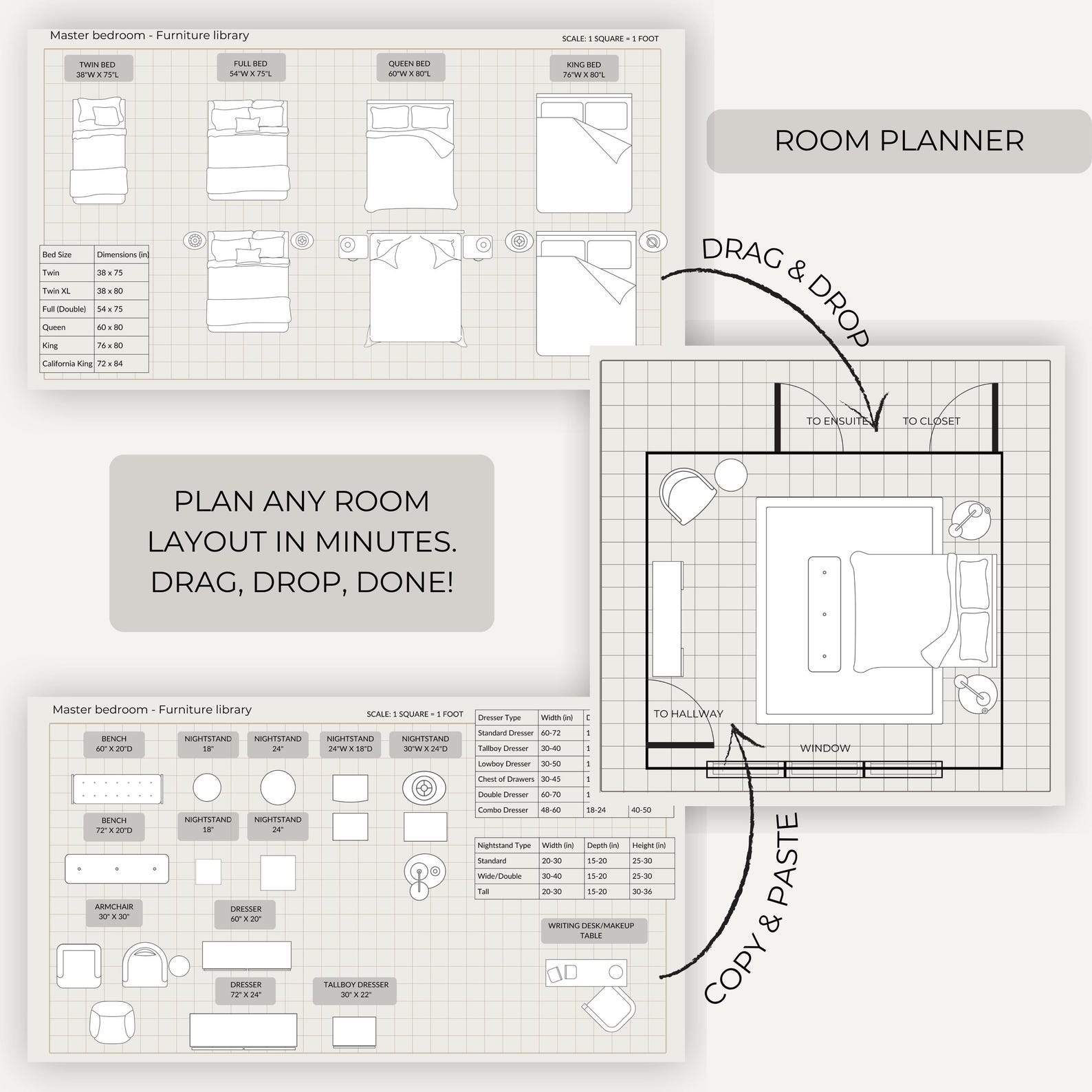 Bedroom Planner Template Canva, Drag and Drop Furniture Layout, Scale ...