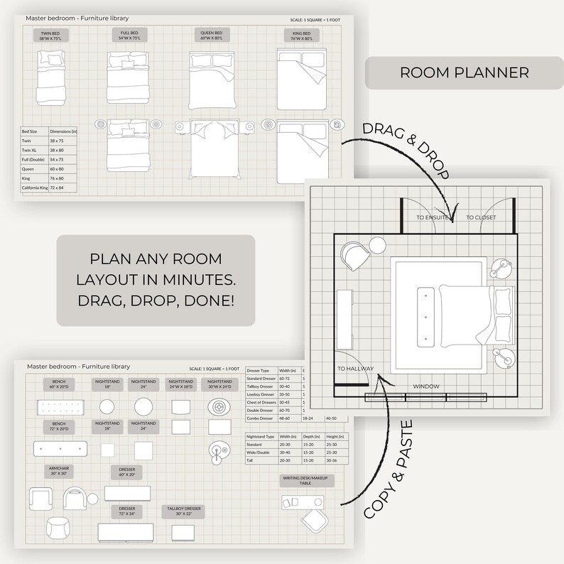 Bedroom Planner Template Canva, Drag and Drop Furniture Layout, Scale ...