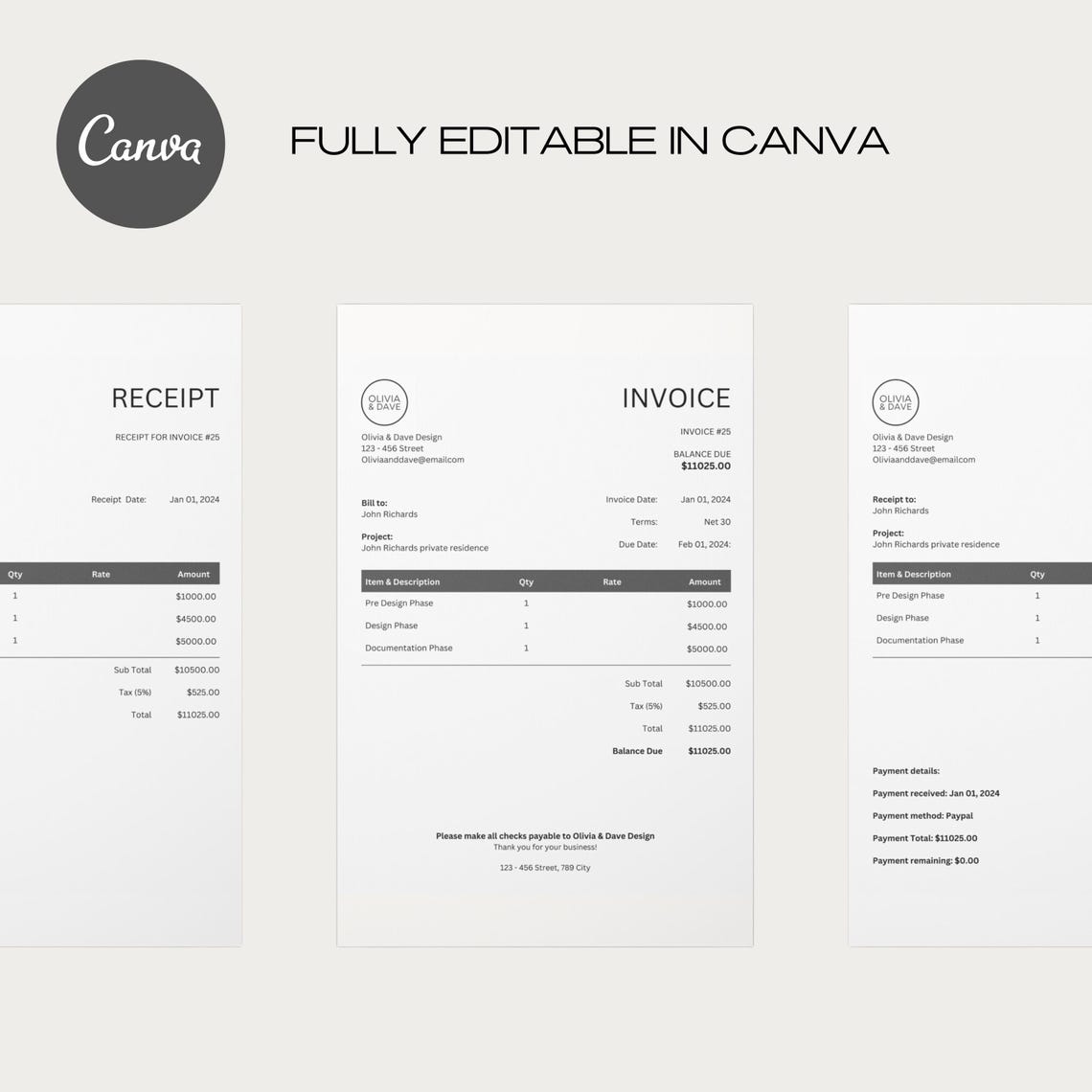 Interior Design Fee Proposal Template: Client Invoice (canva Editable ...