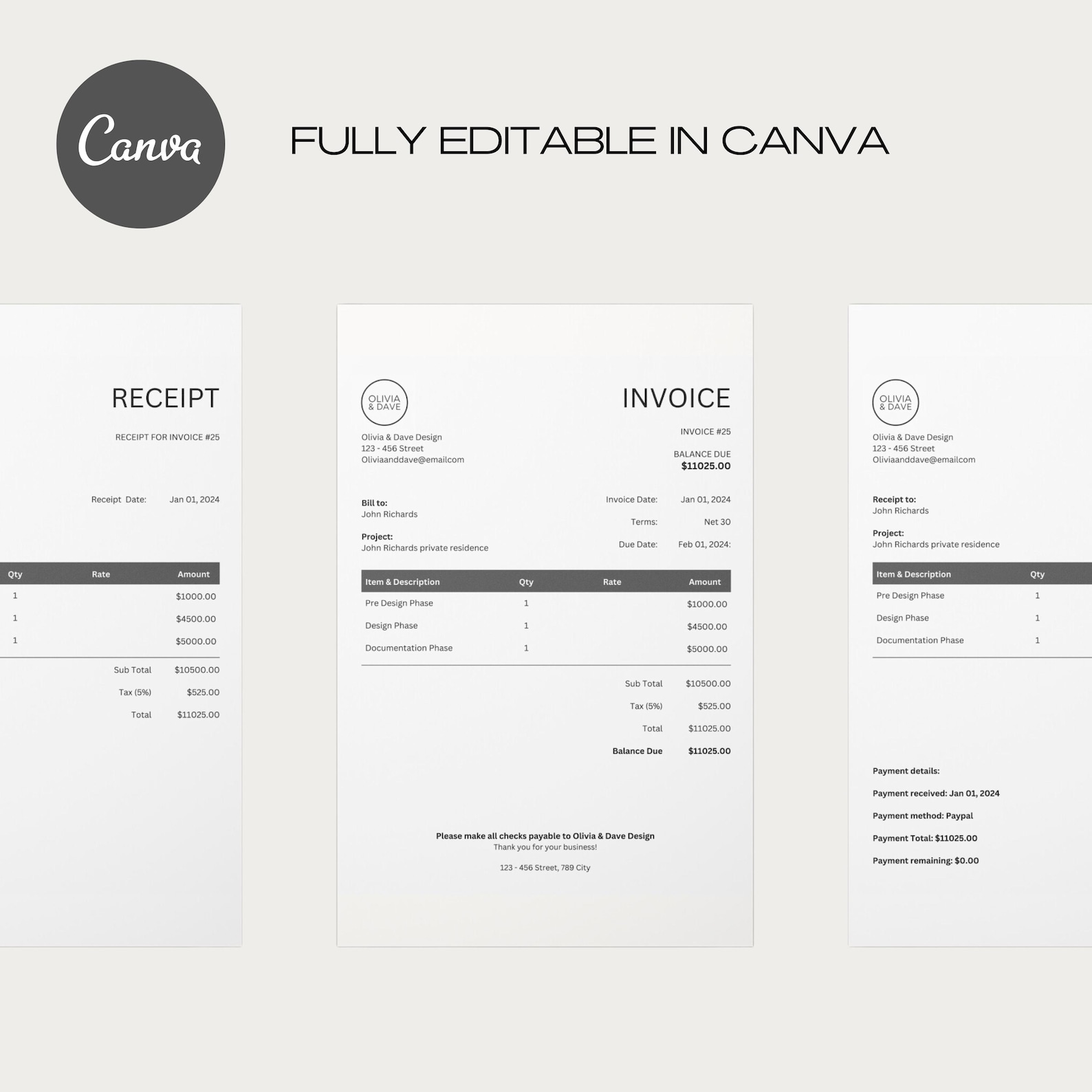 Interior Design Fee Proposal Template: Client Invoice (canva Editable ...