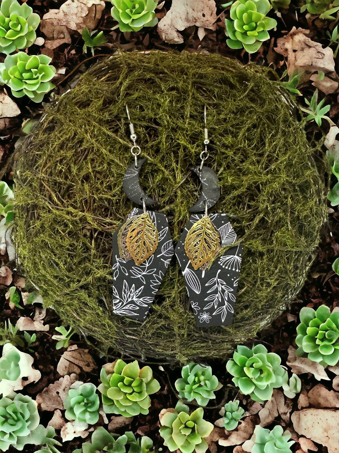 Black Coffin and Cresent Moon White Floral Printed Bronze, Gold, and ...