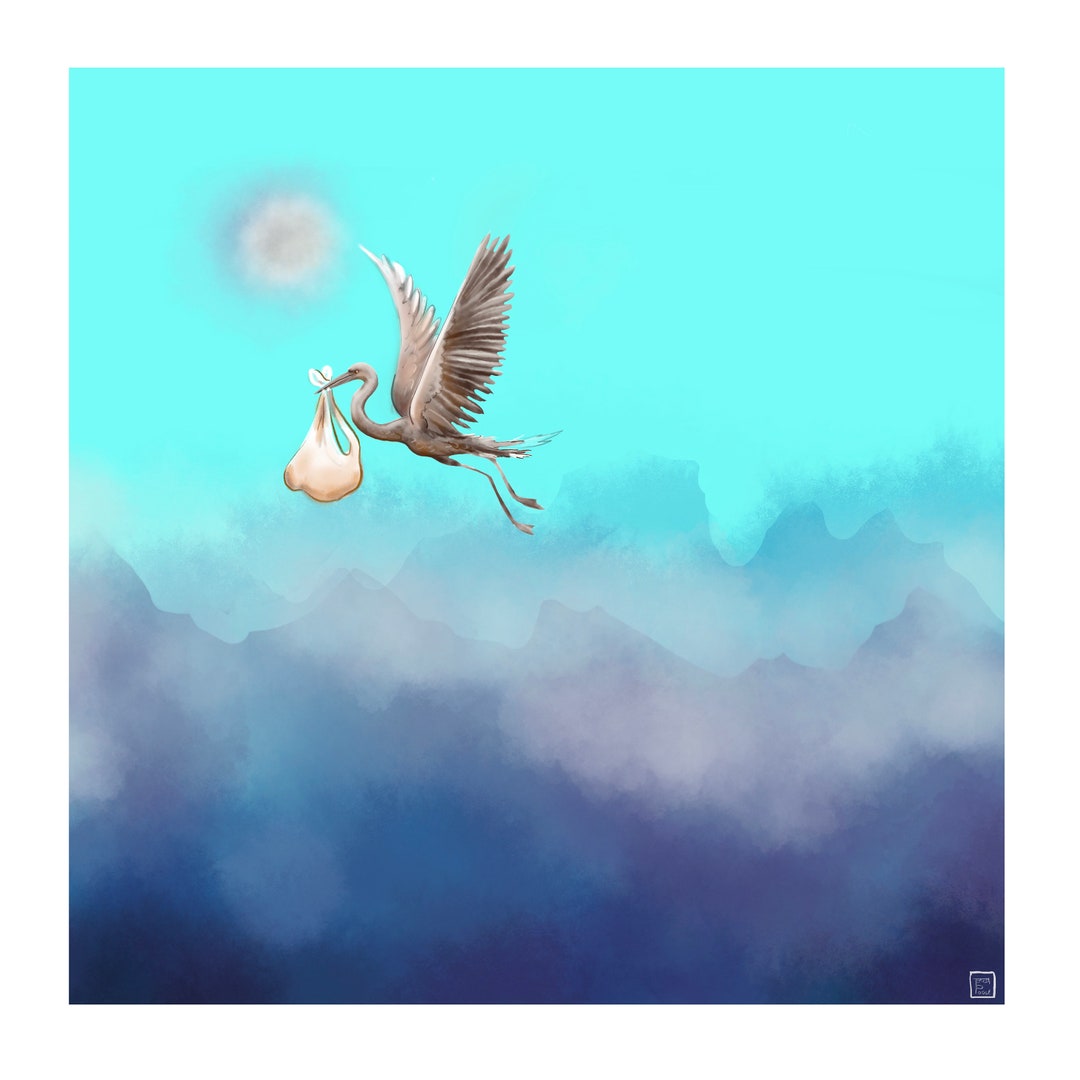 Crane Carrying New Baby Hazy Moon Turquoise Sky Original Abstract Wall ...