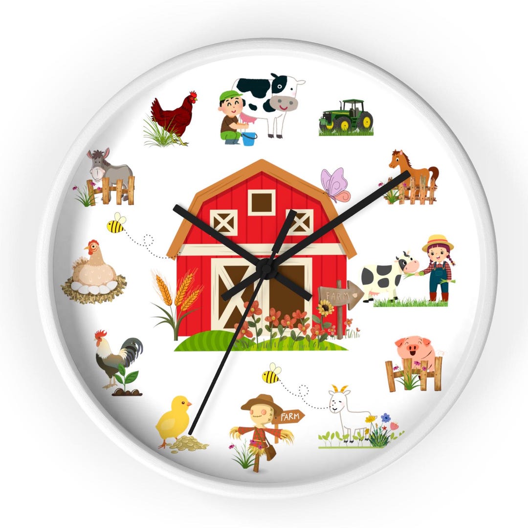 Barn Farm Animals Nursery School Wall Clock 10 Inch Round Battery ...