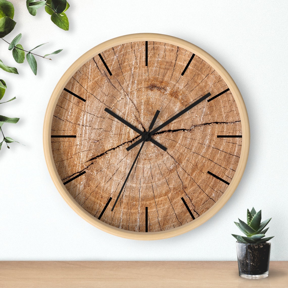 Wood Neutral With Black Wall Clock 10 Inch Round Battery Operated Clock ...