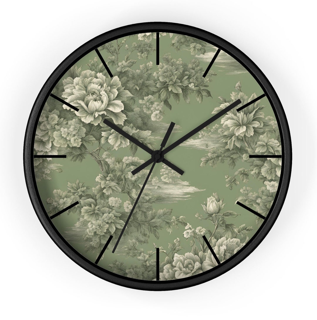 Sage Green Toile Wall Clock 10 Inch Round Battery Operated Clock Would ...