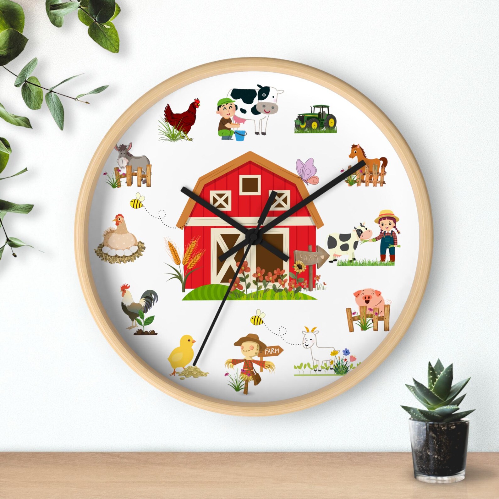 Barn Farm Animals Nursery School Wall Clock 10 Inch Round Battery ...