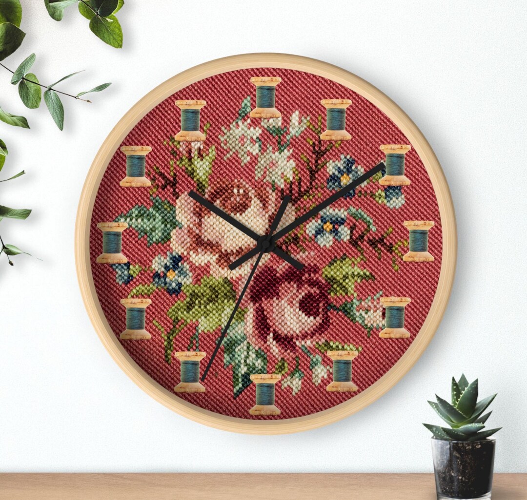 Orange Cross Stitch Design With Spools Wall Clock 10 Inch Battery ...