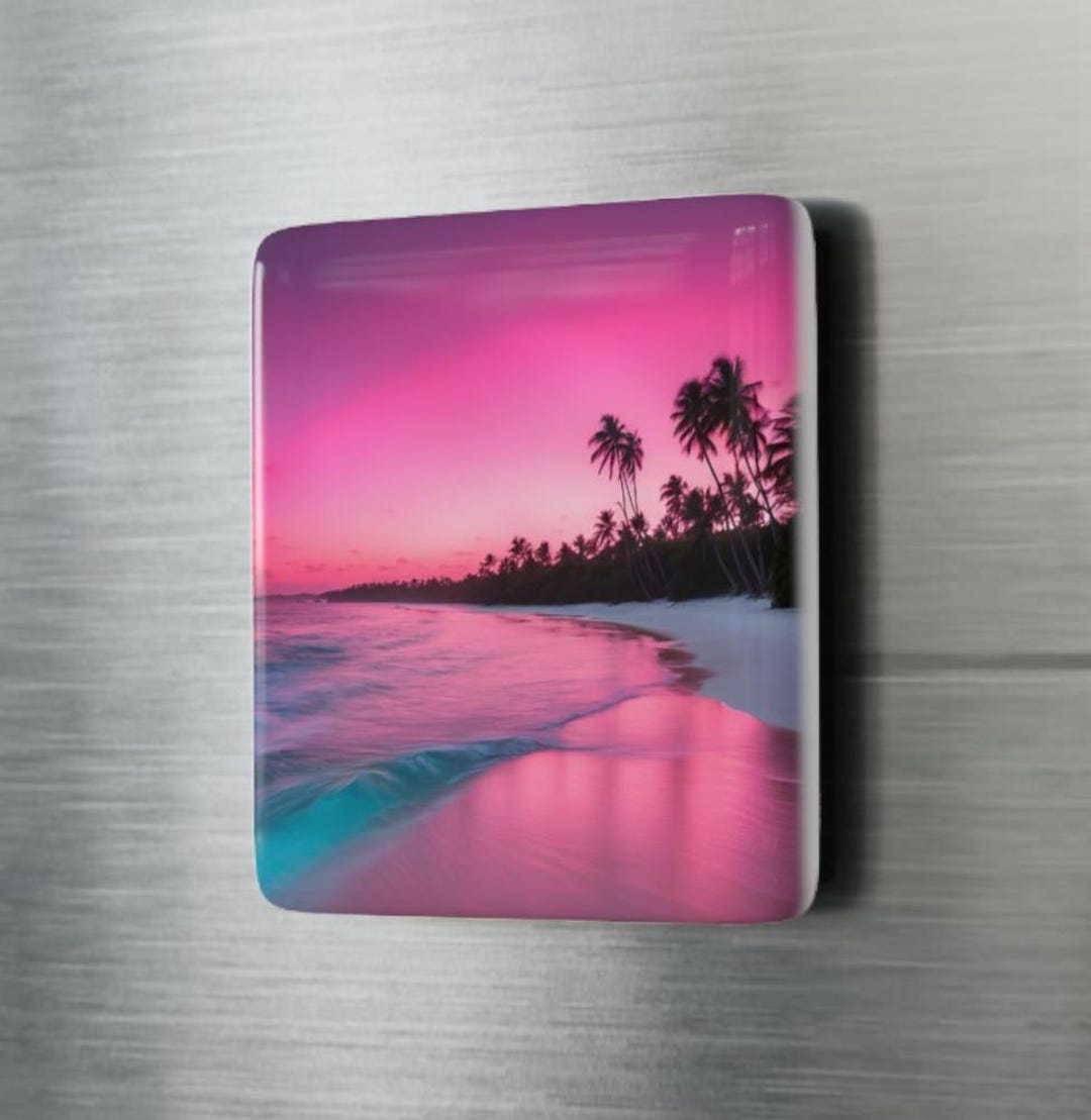 Porcelain Magnet, Pink Sunset Beach Square Refrigerator Fridge Decor ...
