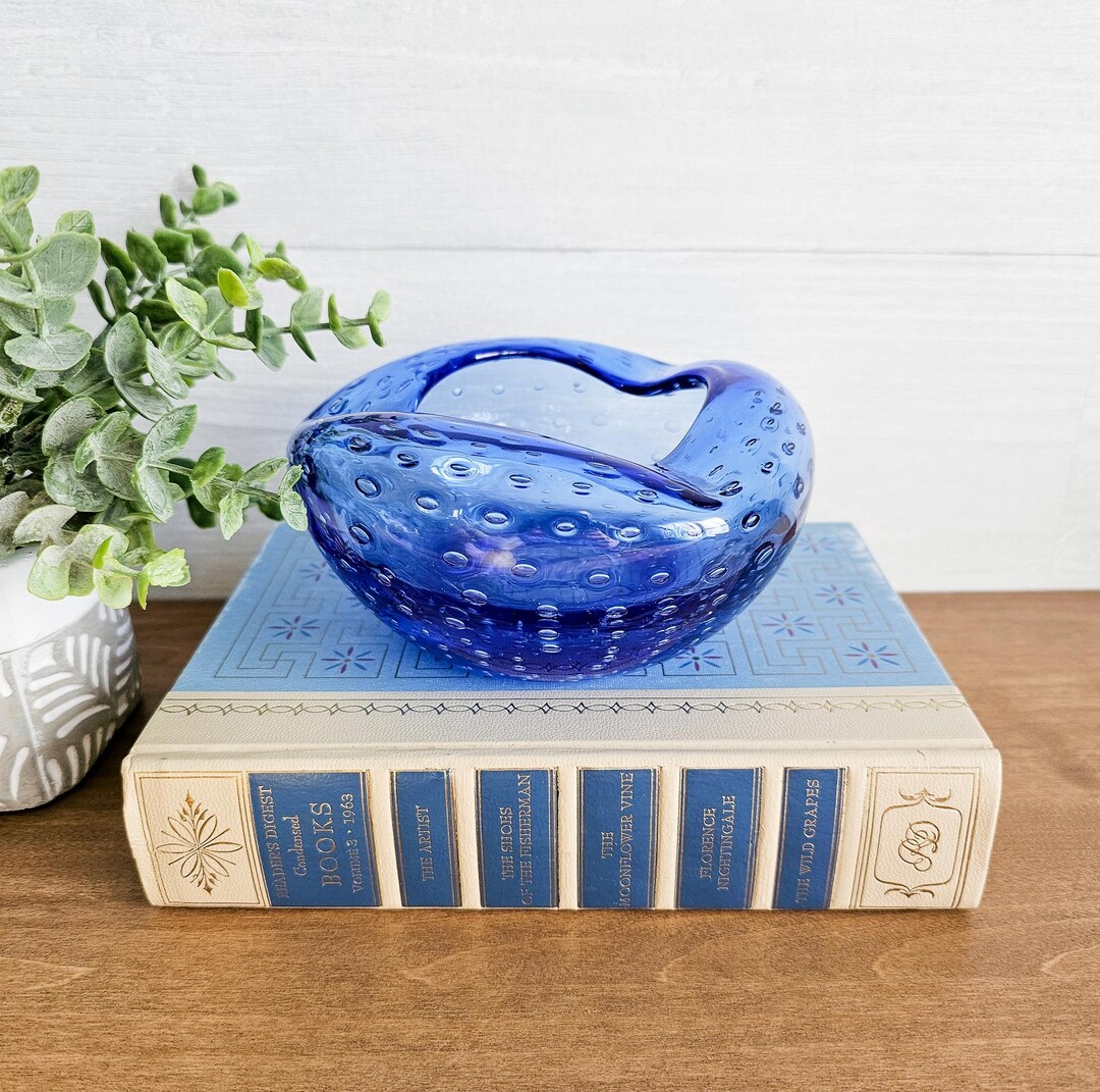 Vintage Blenko Controlled Bubble Glass Ashtray Blue Handcraft Trinket ...