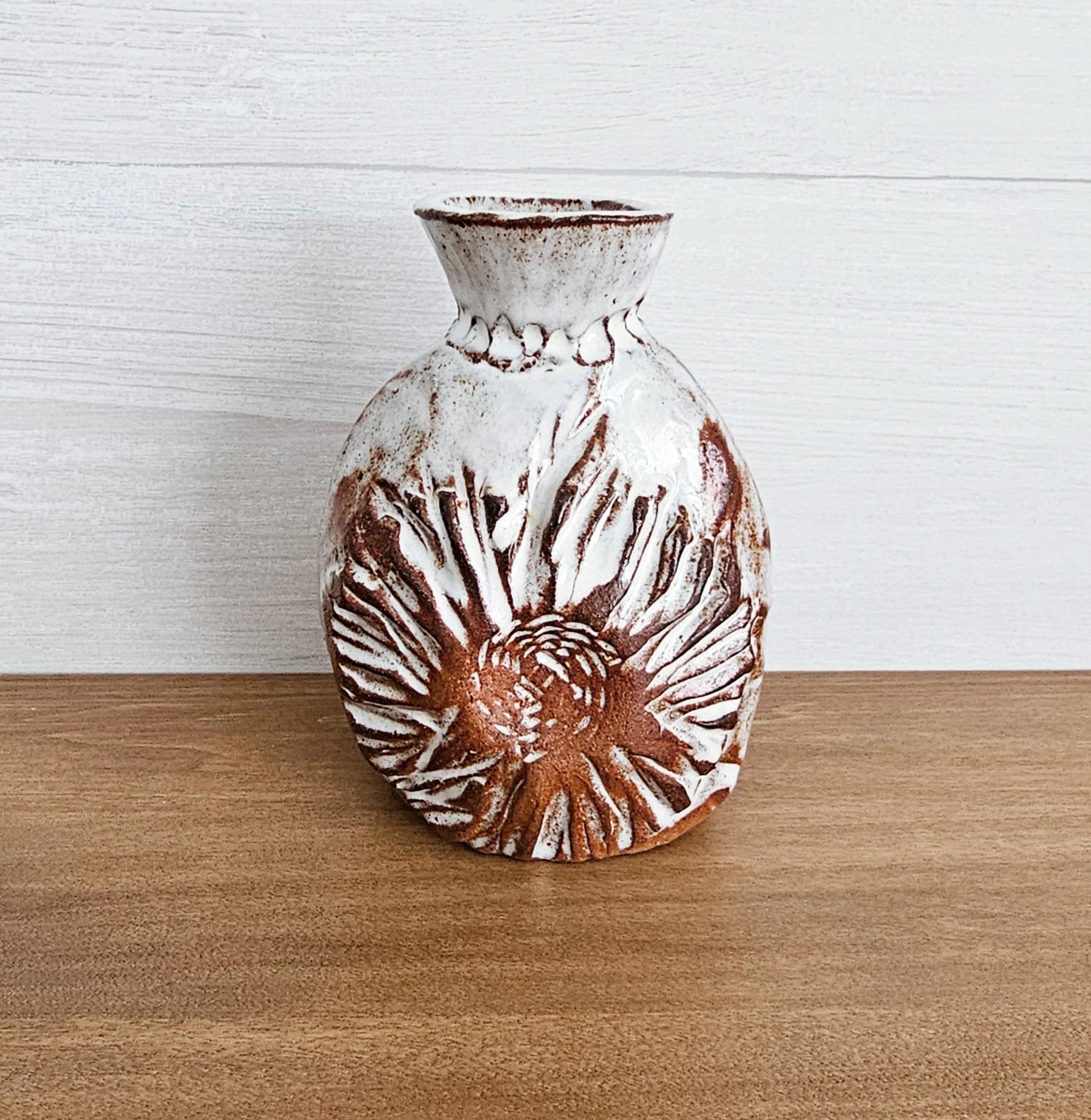 Studio Pottery Floral Vase Brown and White Signed Posey 5.5 - Etsy