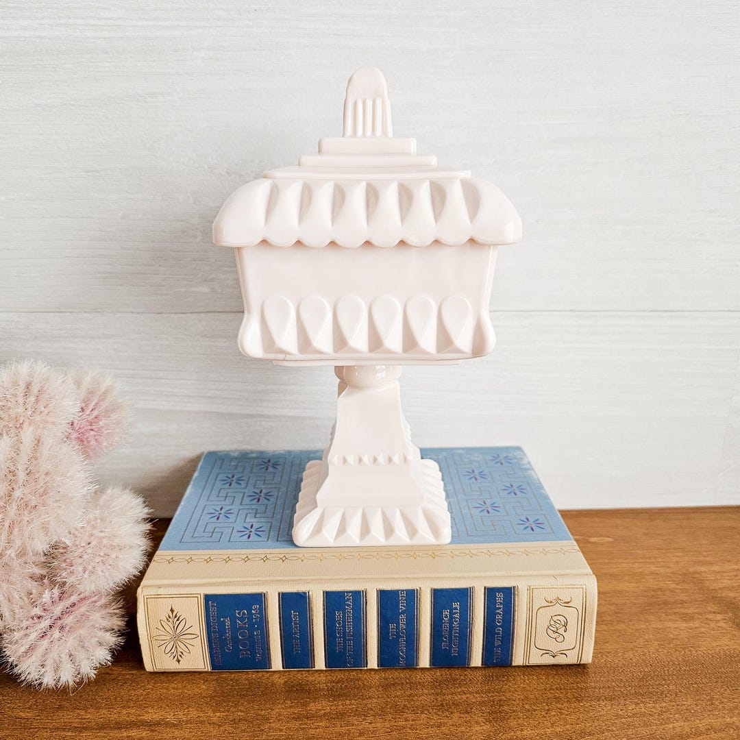 Jeanette Lidded Wedding Box Pedestal Dish Shell Pink Milk Glass Art ...