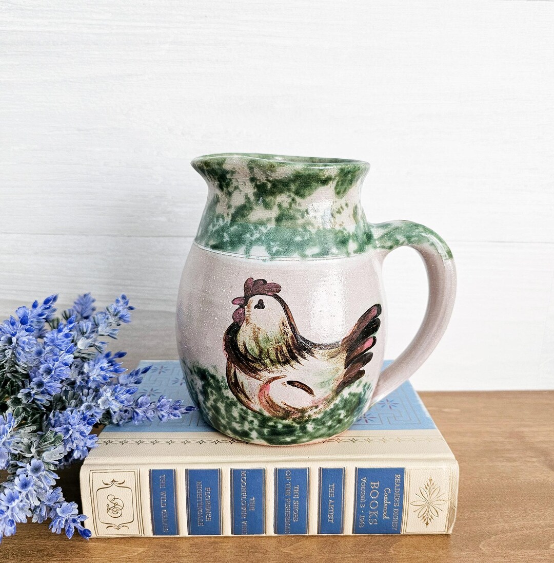 Vintage Studio Art Pottery Chicken Pitcher: Green & Gray Rooster Vase ...